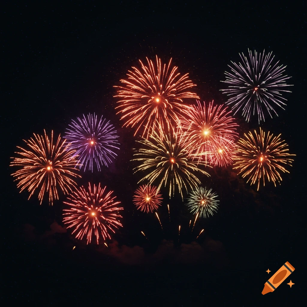 Colorful fireworks explode in a dark night sky. on Craiyon