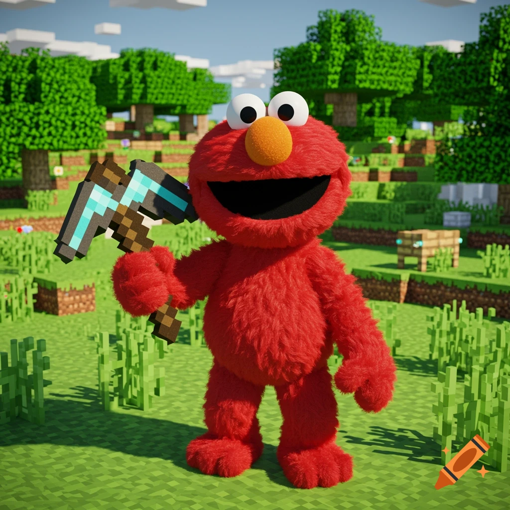 Elmo holds a diamond pickaxe in a sunny Minecraft world. on Craiyon