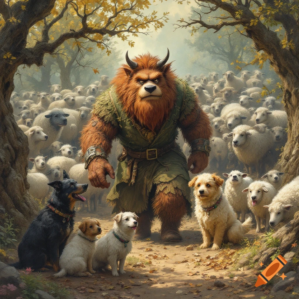 A large, furry beast with horns stands among a flock of sheep and three ...