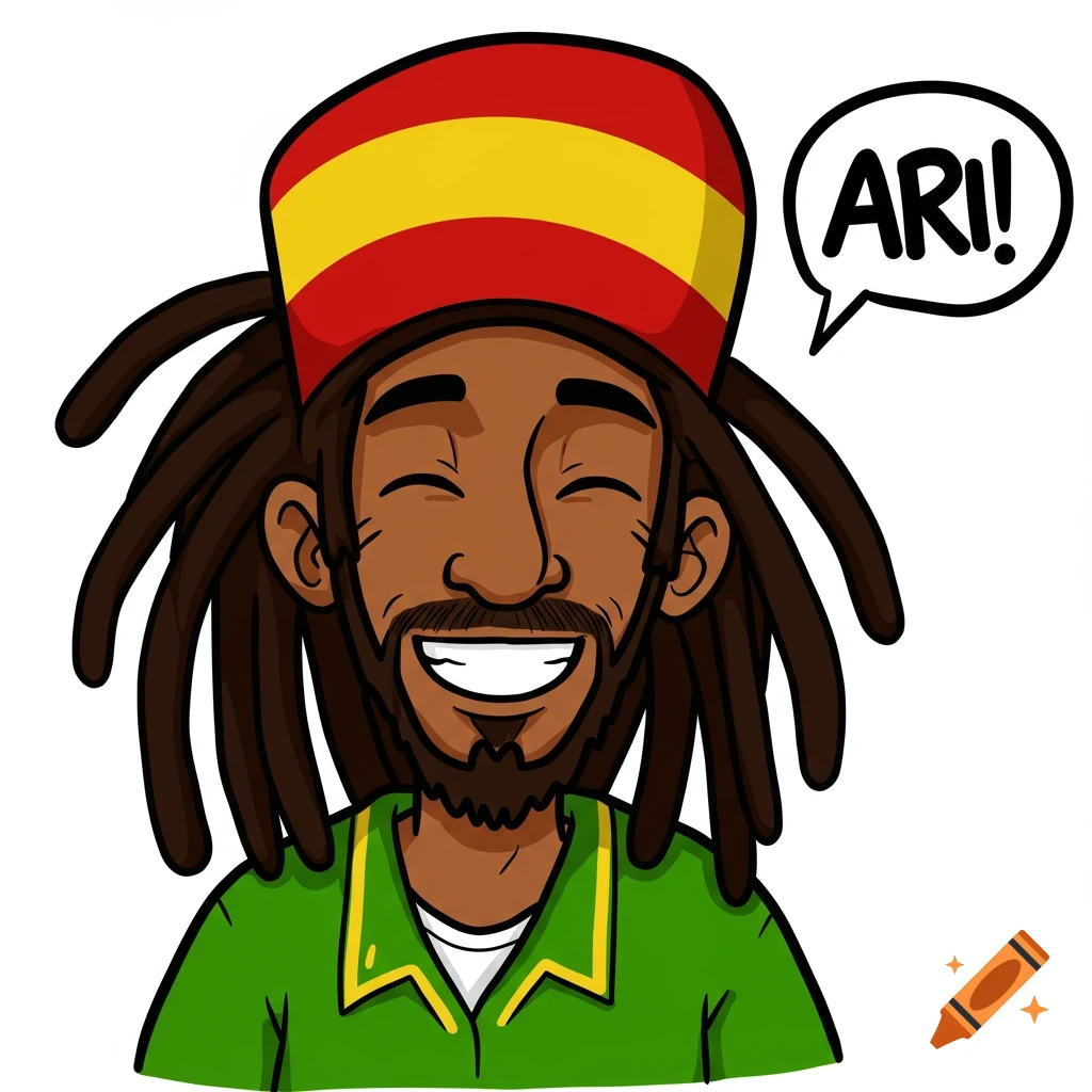 A cartoon man with dreadlocks and a Rasta tam smiling with a speech ...