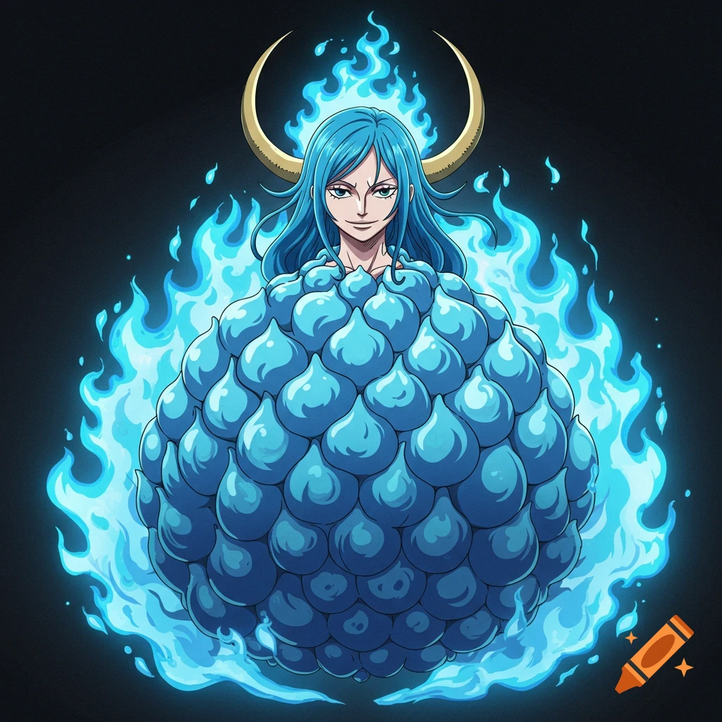 Anime character with blue hair and golden horns emerges from blue ...