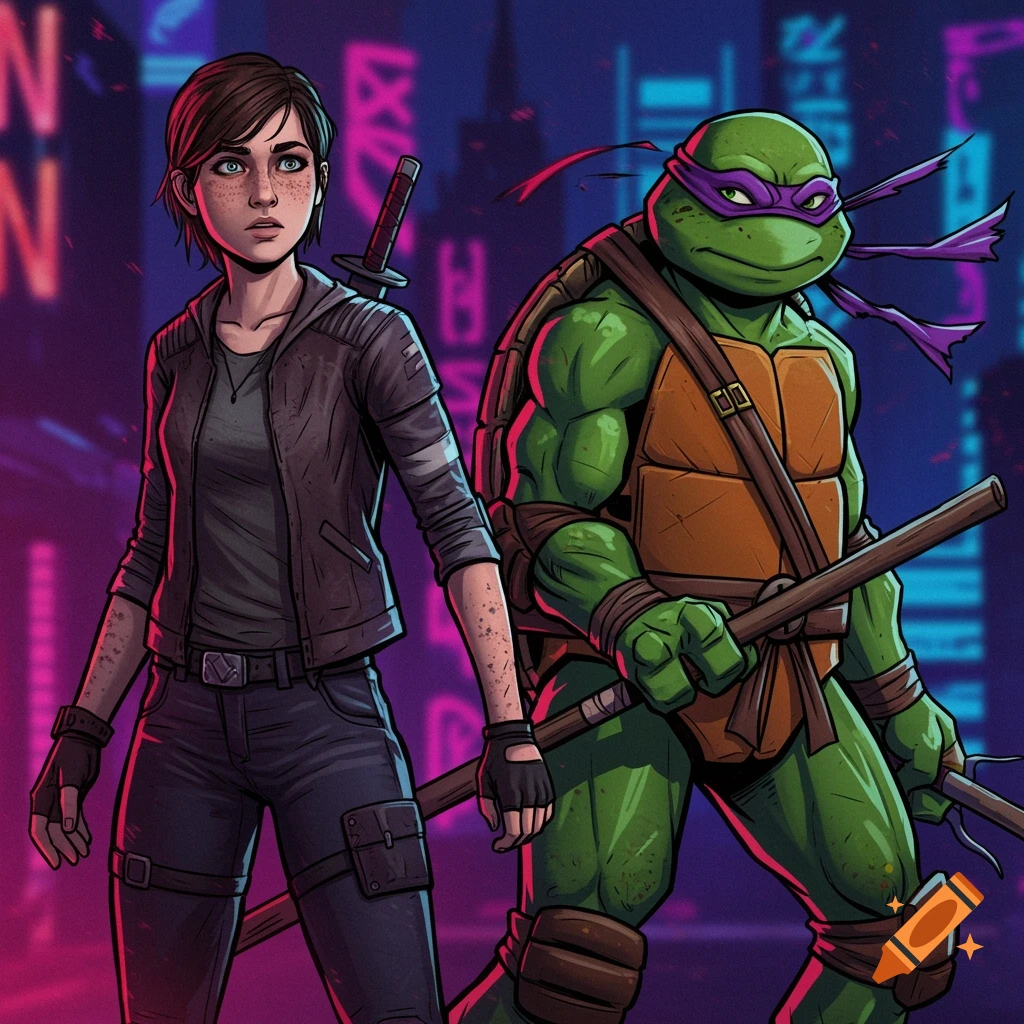 Illustration of a woman and a green turtle in a purple mask with a bo ...