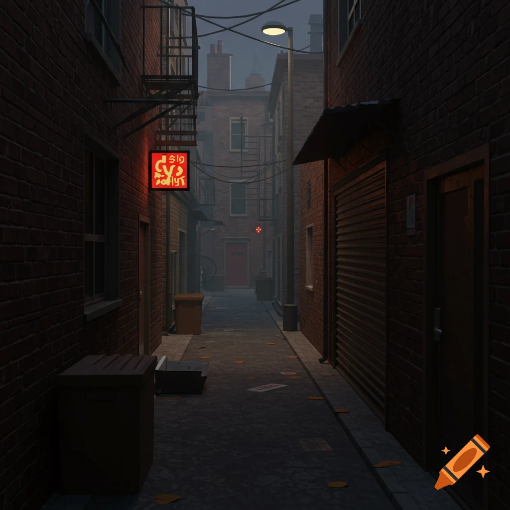 Retro CGI 90s computer render of an urban alley scene in the style of ...
