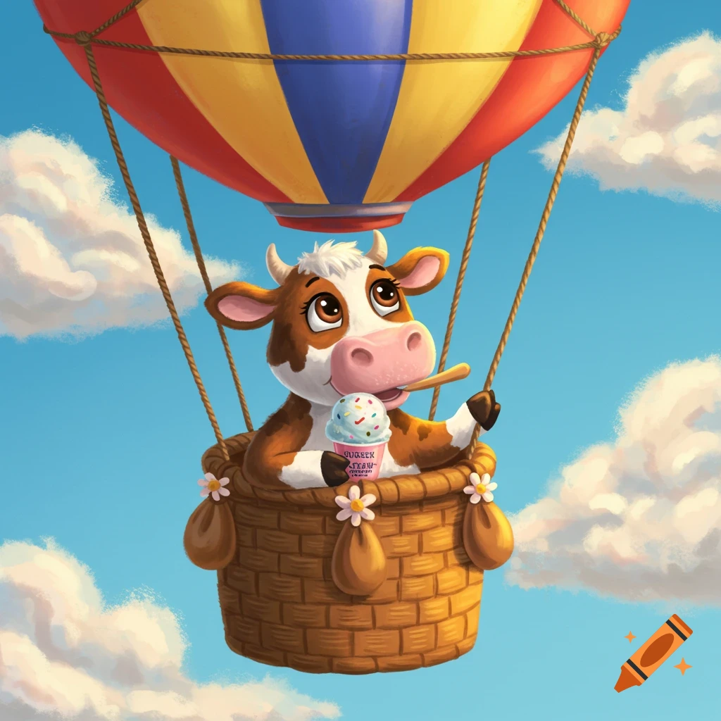 Cow eating ice cream in a hot air balloon on Craiyon