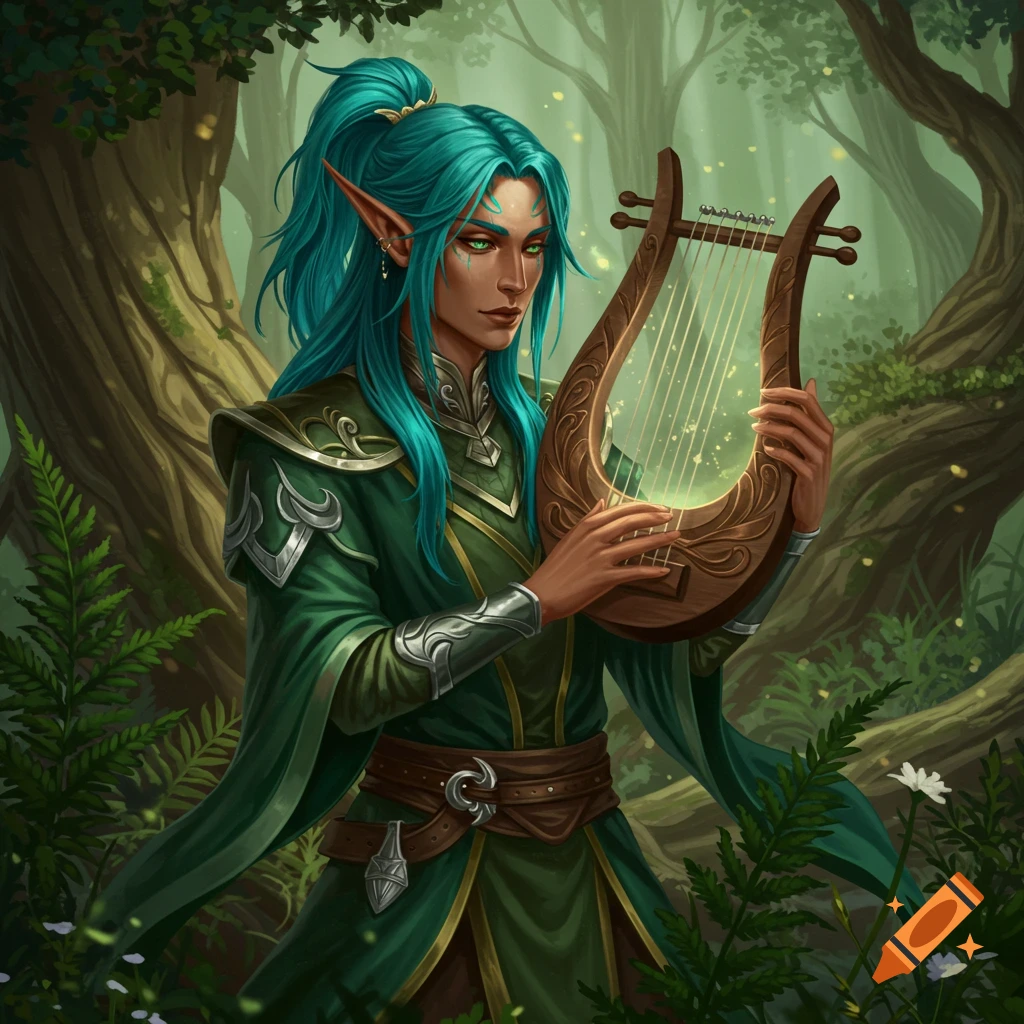A noble elf with teal hair in a green outfit plays a lyre in a sunlit ...