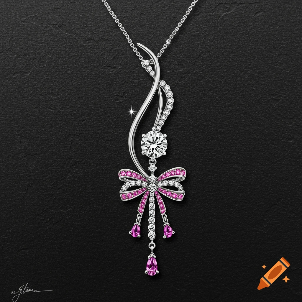 Elegant silver necklace pendant with a large diamond and pink gemstone ...