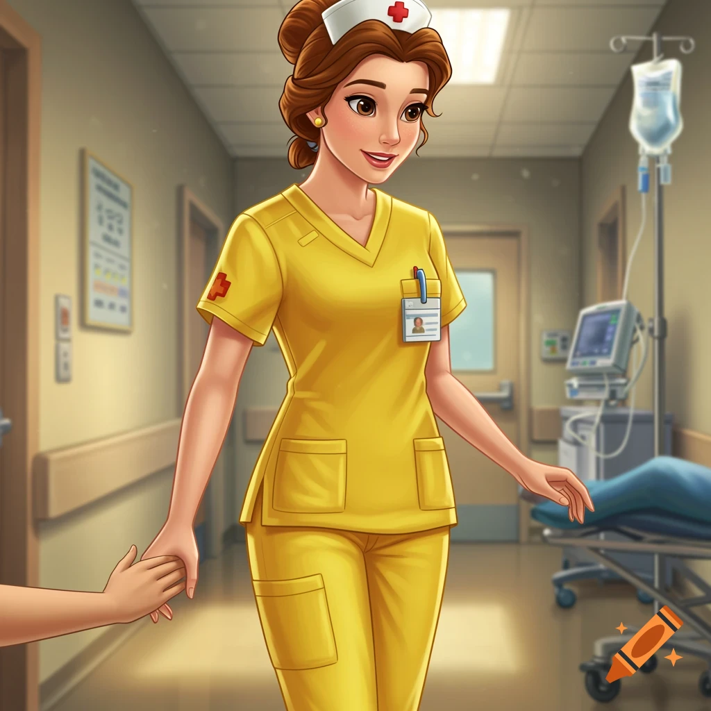 Cartoon woman resembling Belle in yellow nurse scrubs holds a hand in a ...