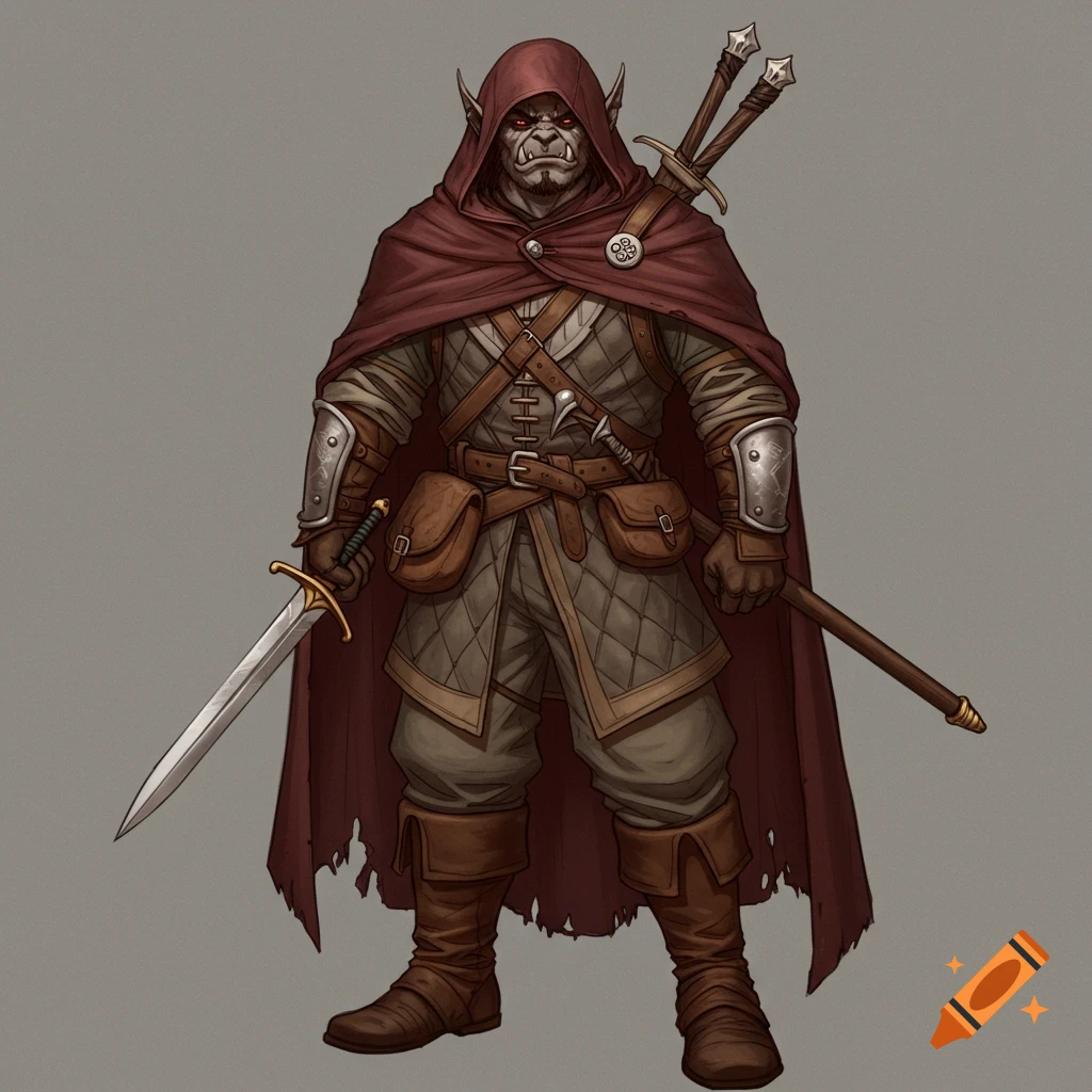 DnD 5e half-orc rogue with pale gray-green skin wearing a cloak on Craiyon
