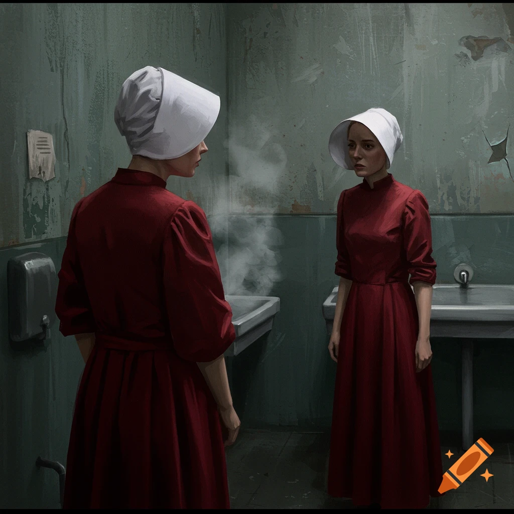 Handmaids in red dresses and white bonnets meeting in a washroom on Craiyon
