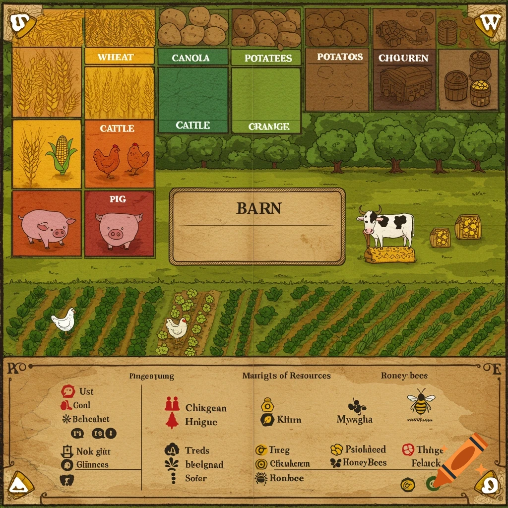 Farming game player mat with resource slots and barn area on Craiyon
