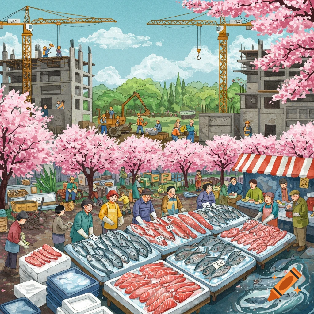 Construction, cherry blossoms, and public fish sales on Craiyon