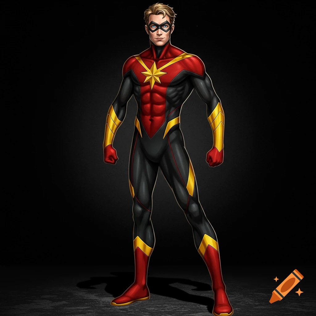 A male superhero in a black, red, and yellow suit with a star symbol ...