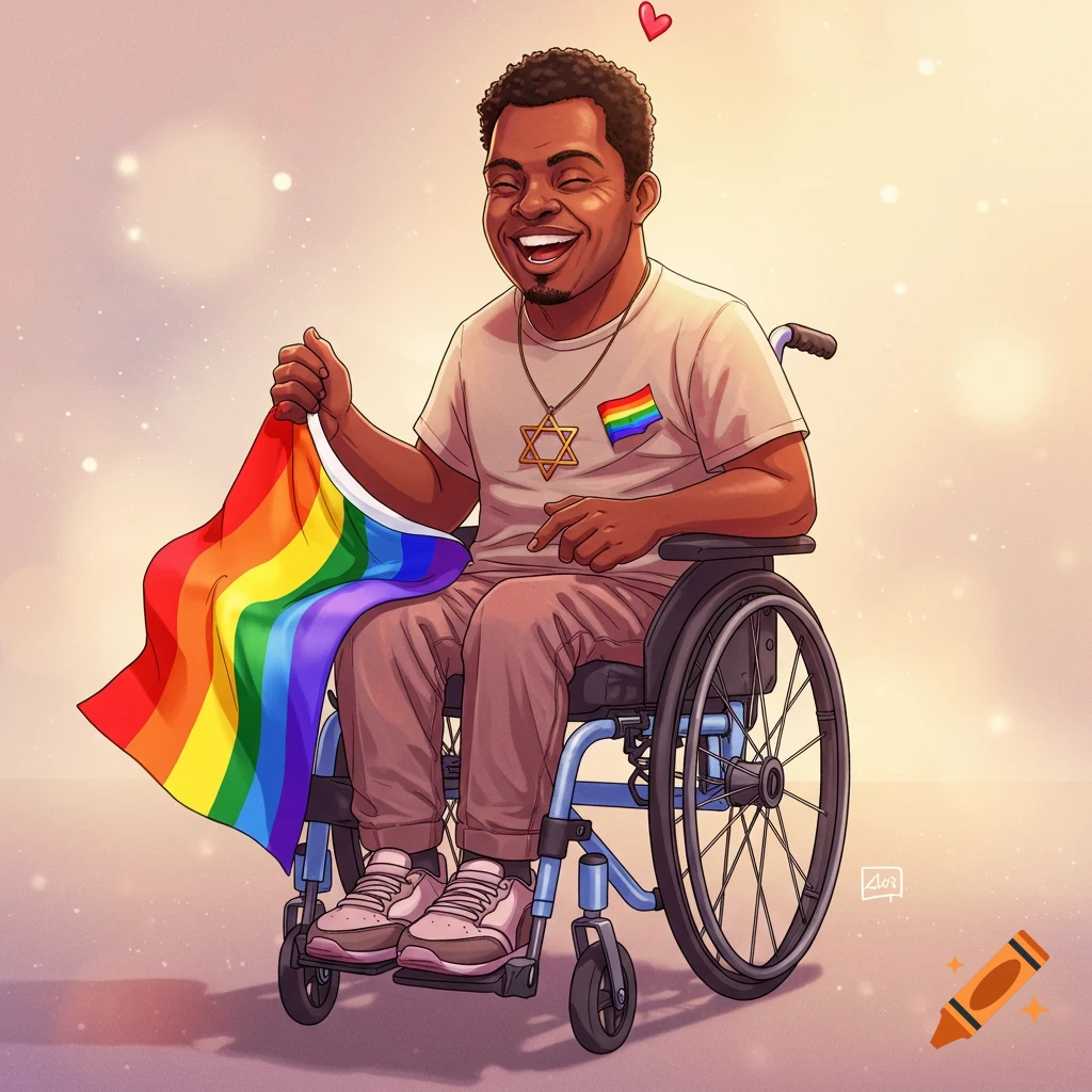 Child with Down syndrome holding a Jewish flag in a wheelchair on Craiyon