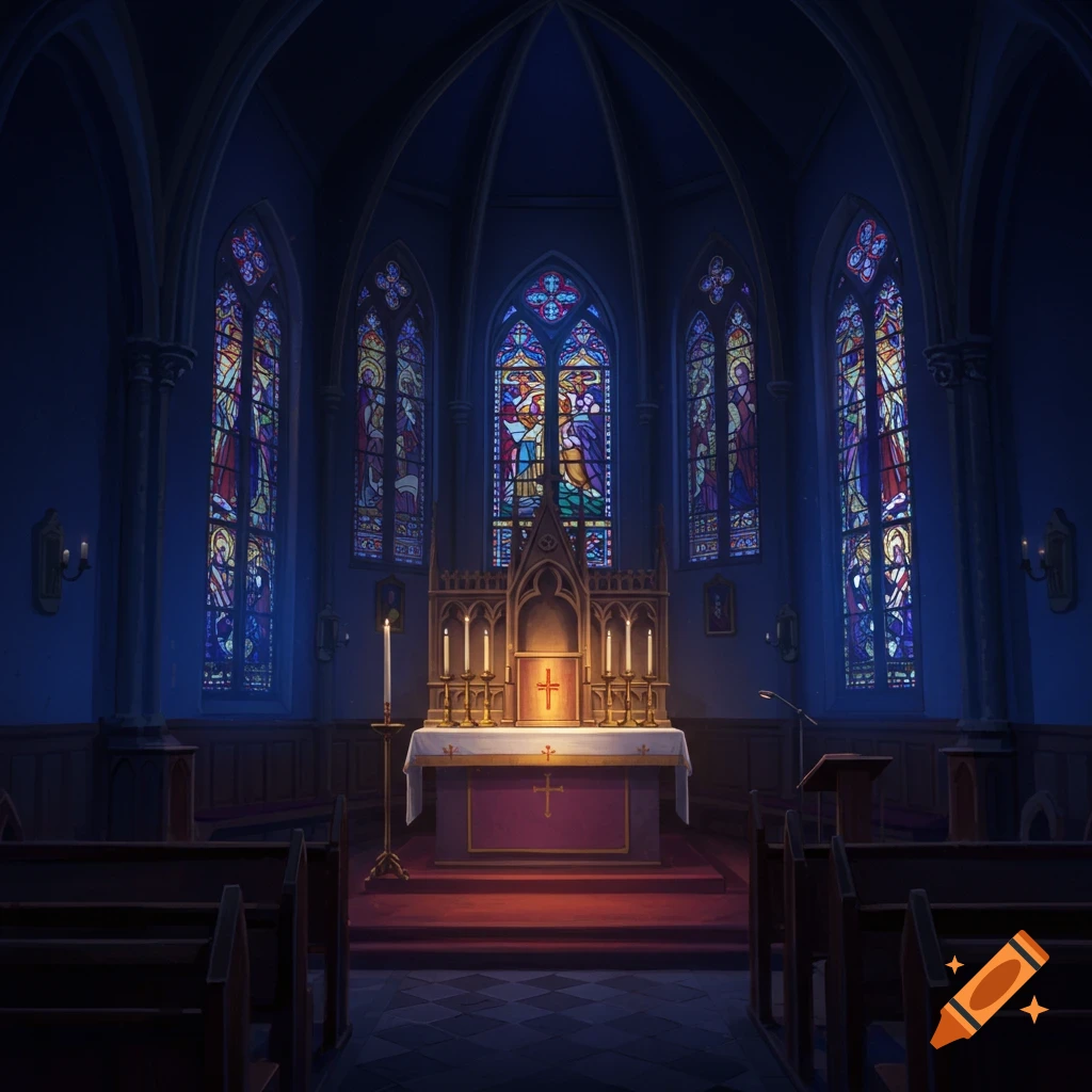 Church interior at night on Craiyon