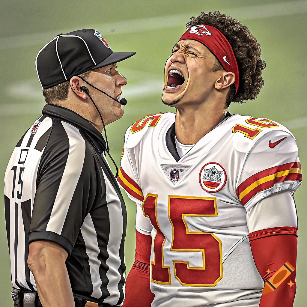 Patrick Mahomes crying with a referee on Craiyon
