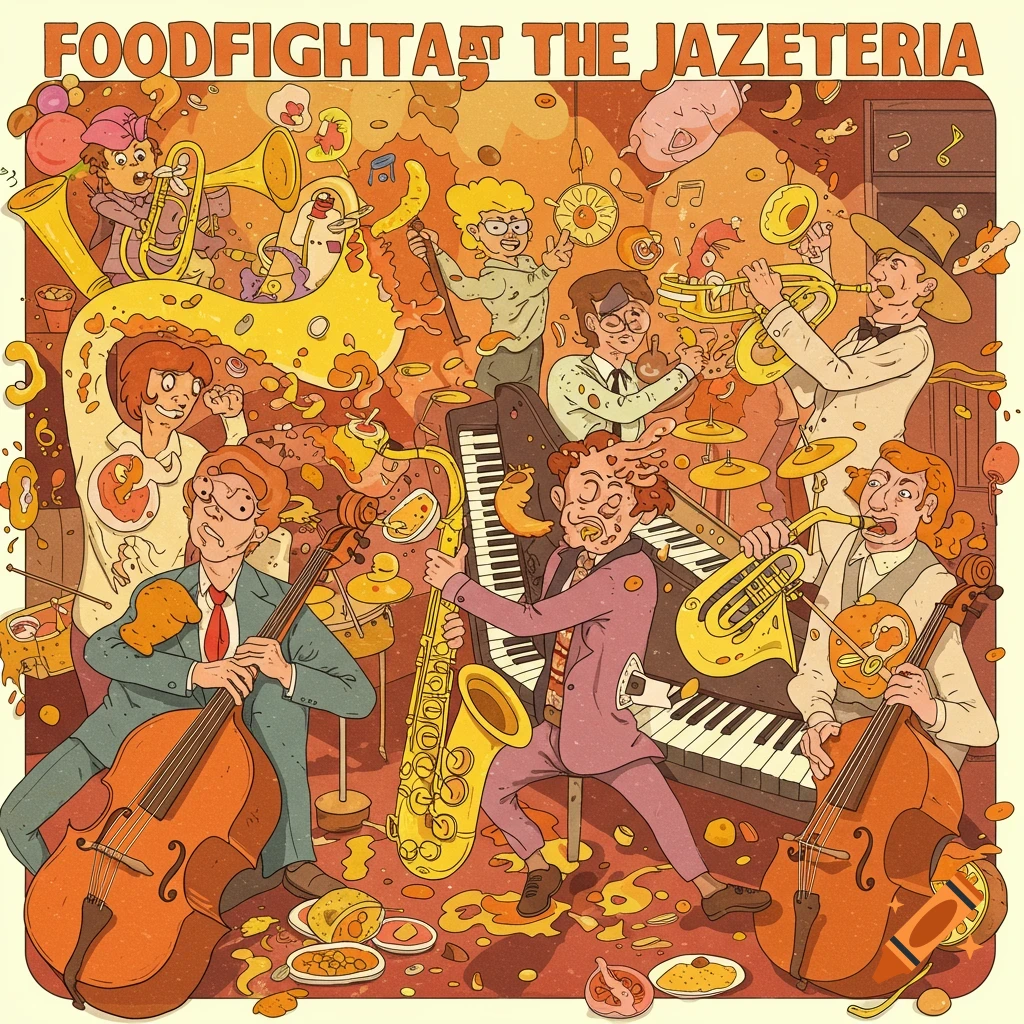 Progressive jazz album cover for Foodfight at the Jazzeteria on Craiyon
