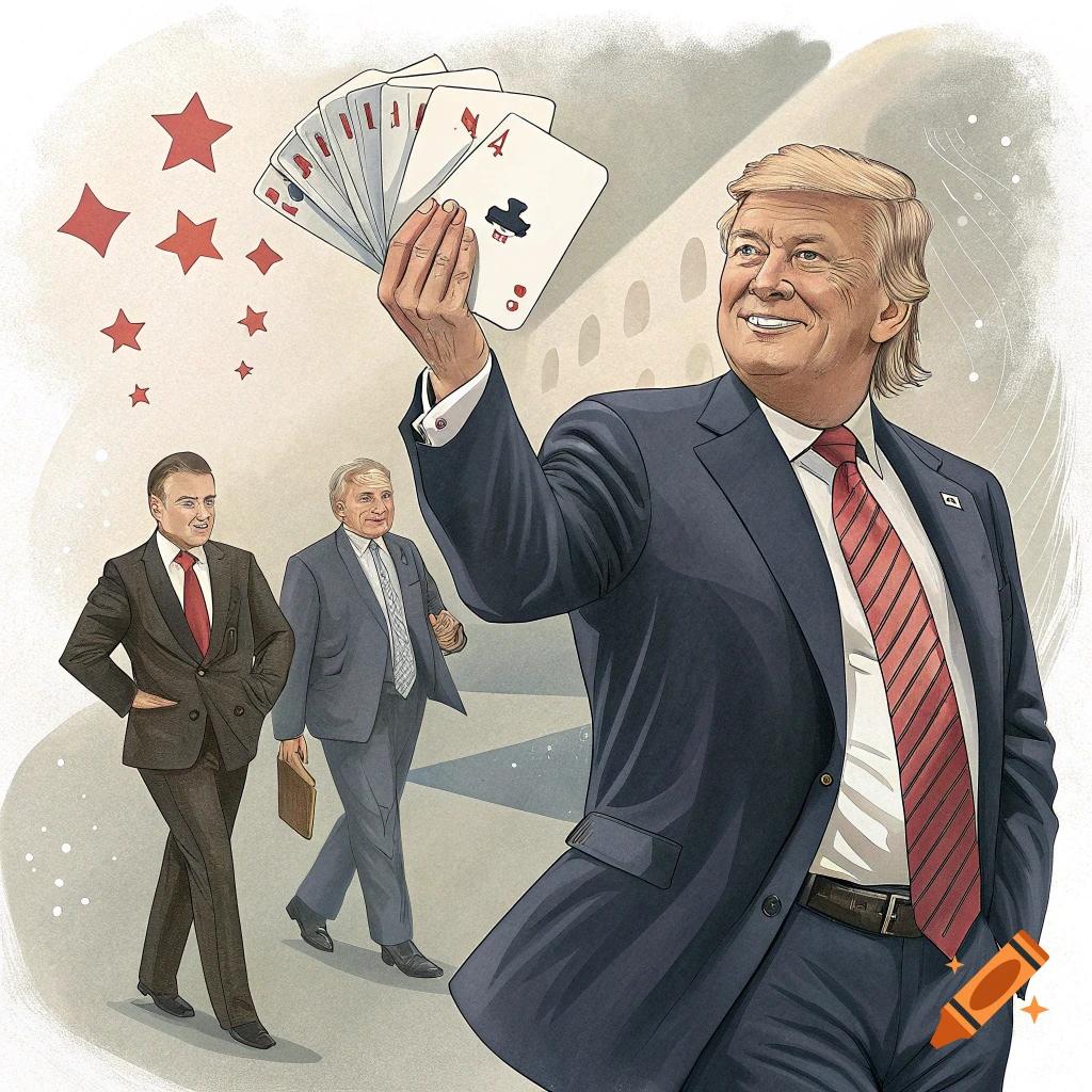 An illustration of Donald Trump holding a hand of playing cards with ...