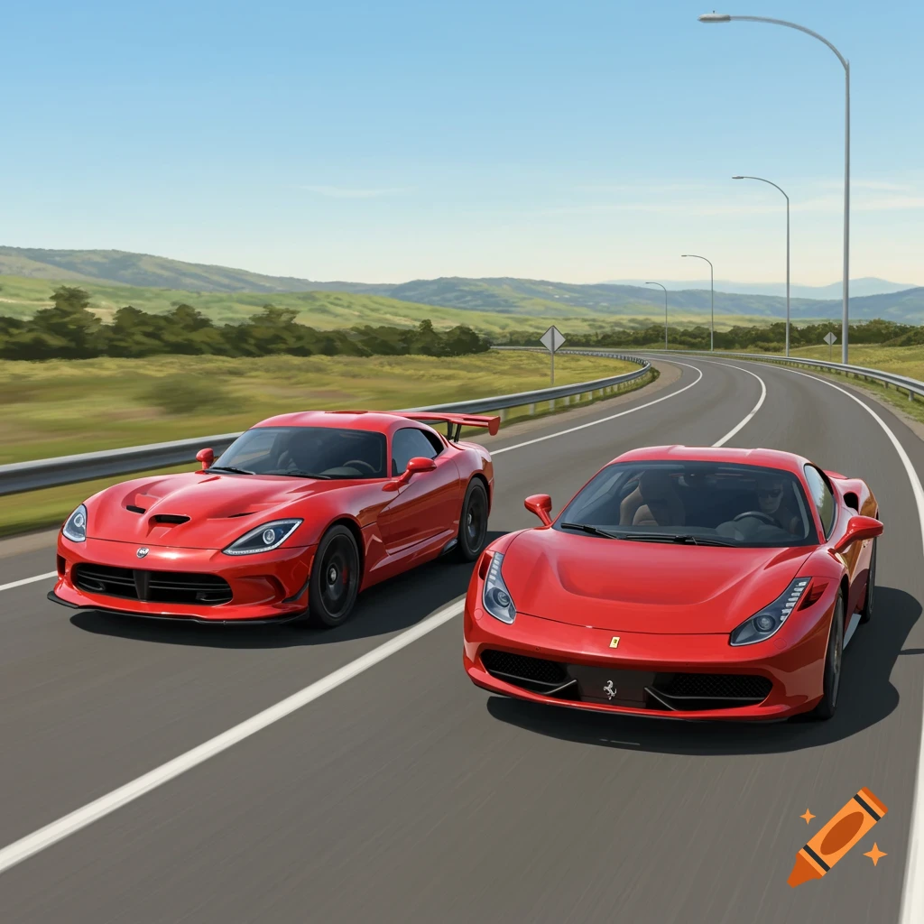Red Dodge Viper and Ferrari racing on a highway. on Craiyon
