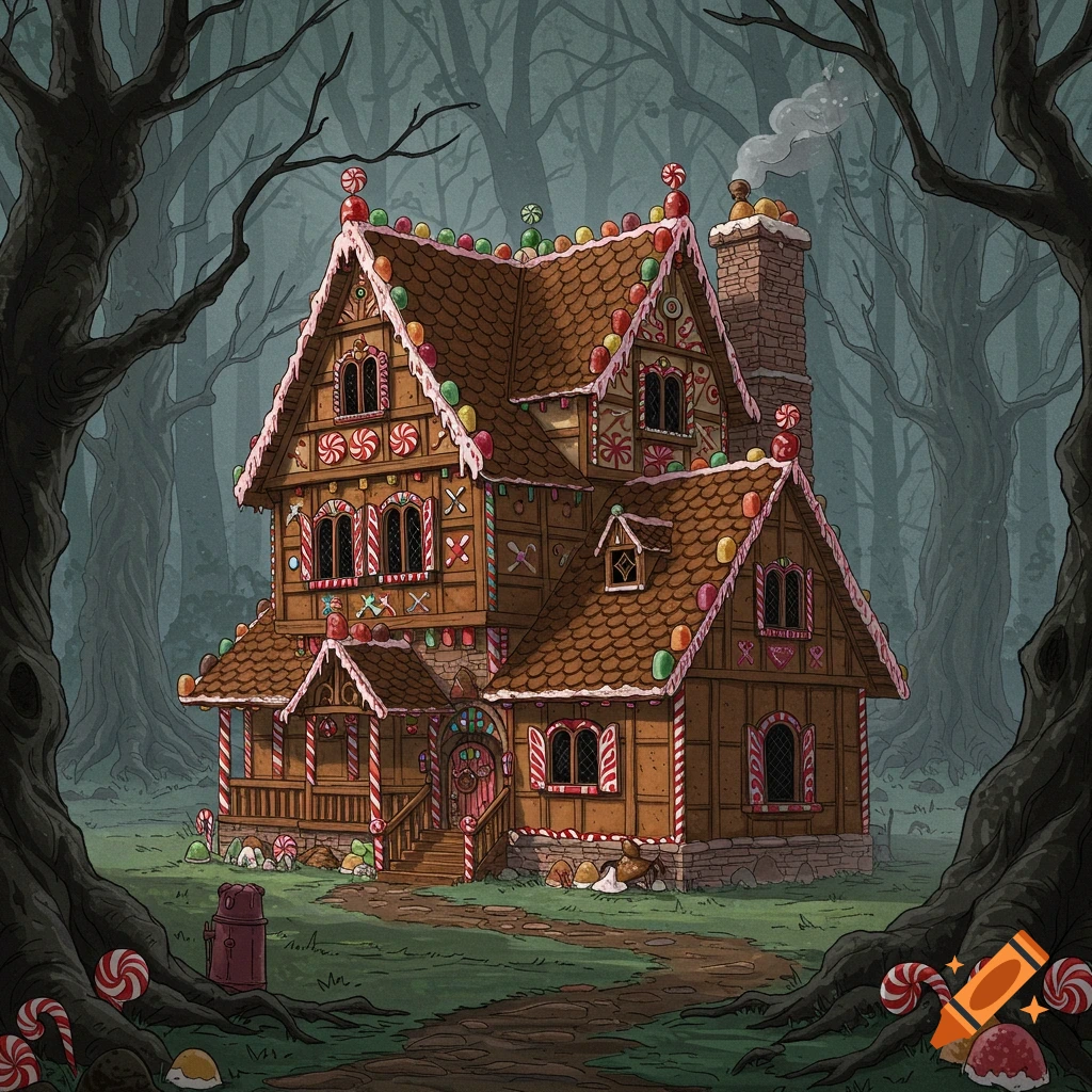 Illustration of a German-style gingerbread mansion in a misty forest ...