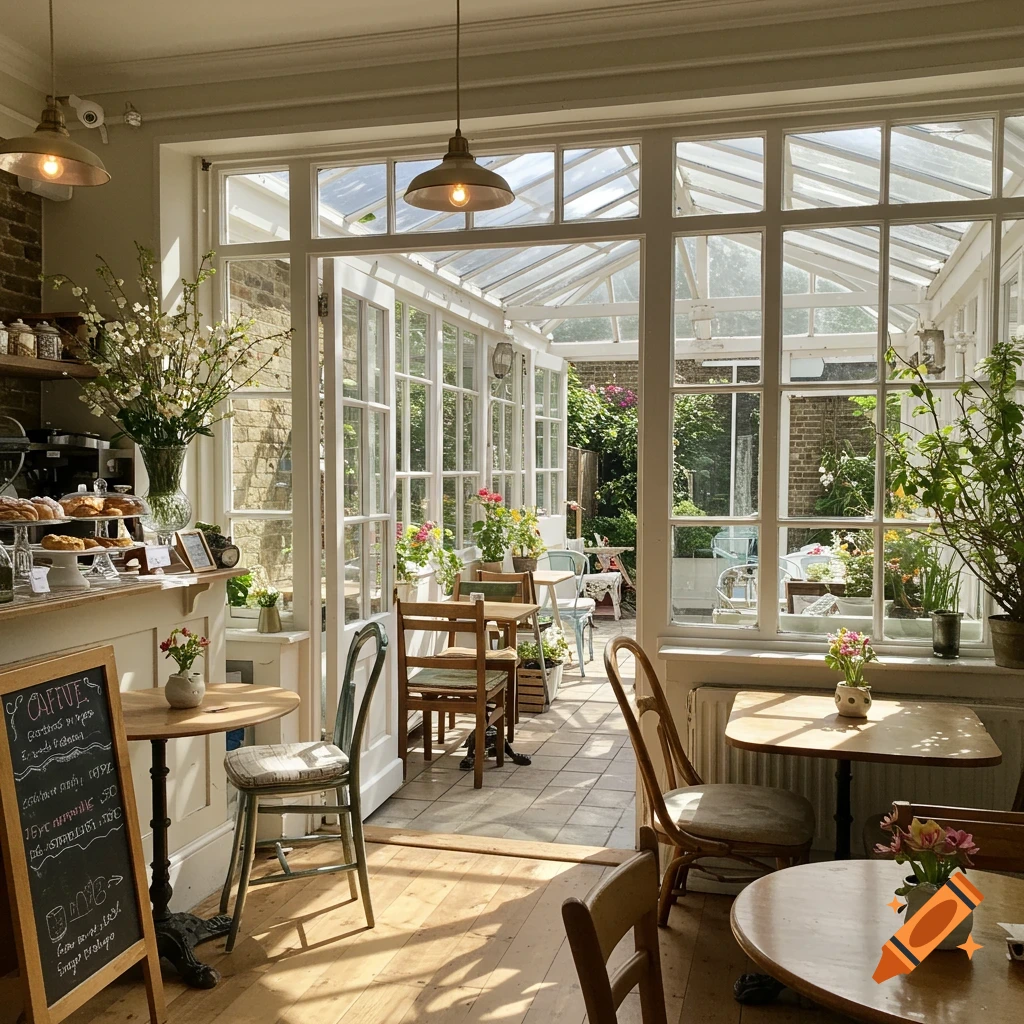 A cozy, sunlit cafe interior with a conservatory looking out onto a ...