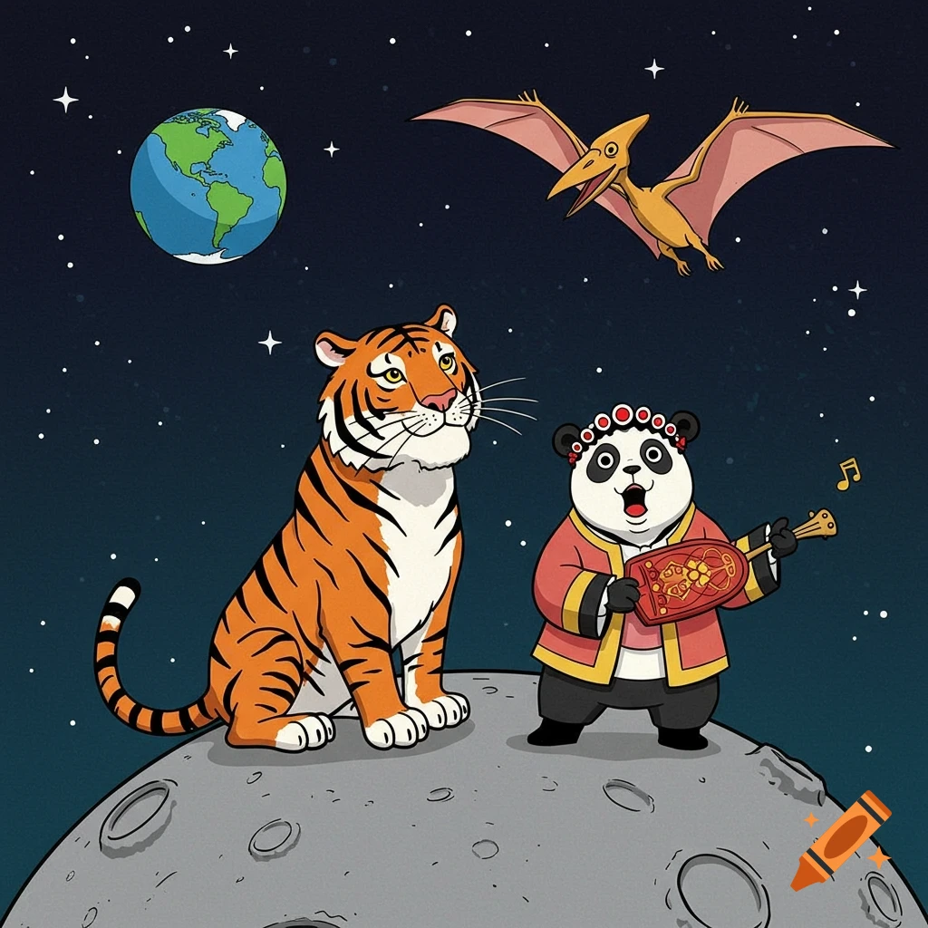 Tiger on the moon with a panda singing opera on Craiyon