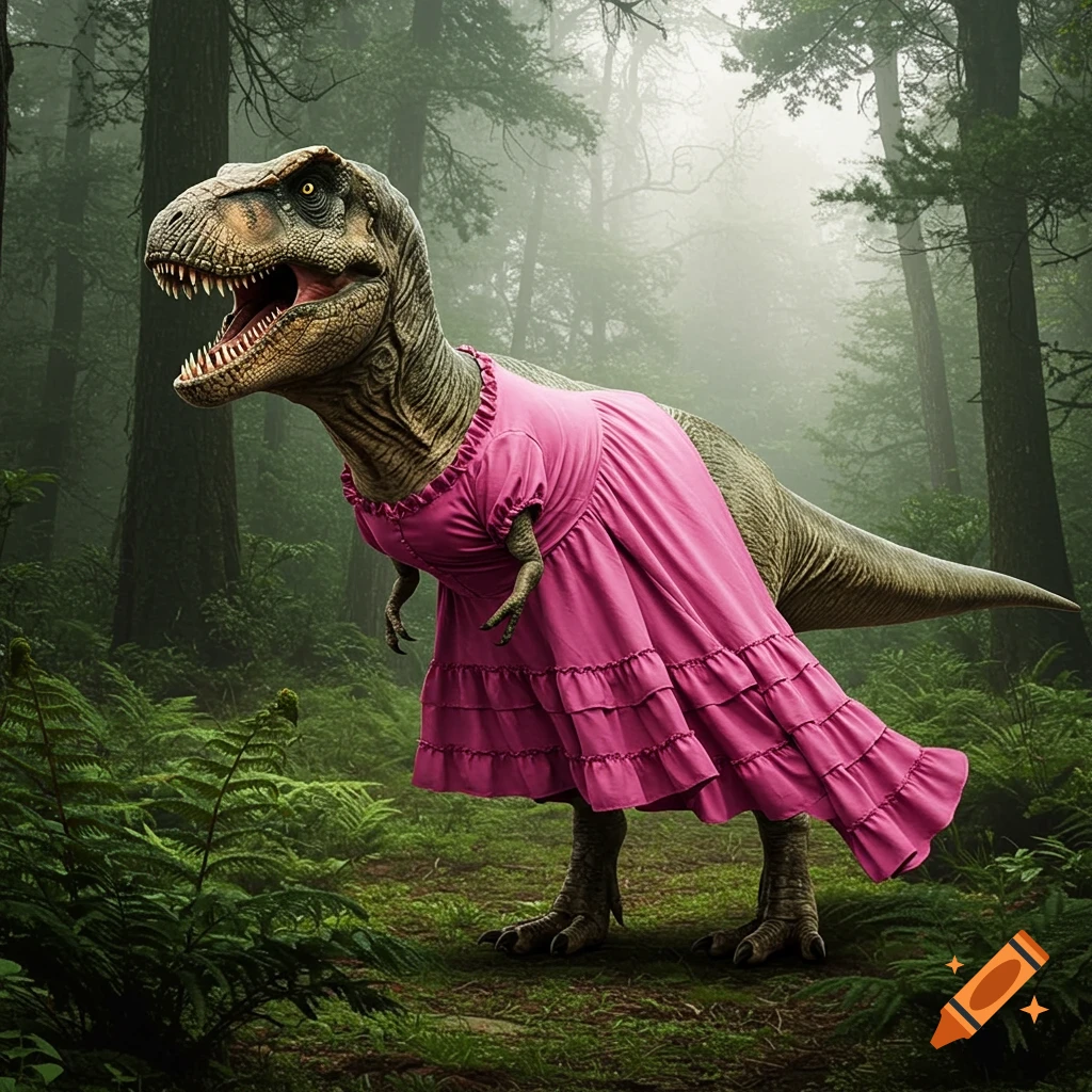 A realistic Tyrannosaurus Rex wears a pink ruffled dress while standing in a foggy forest. on ...