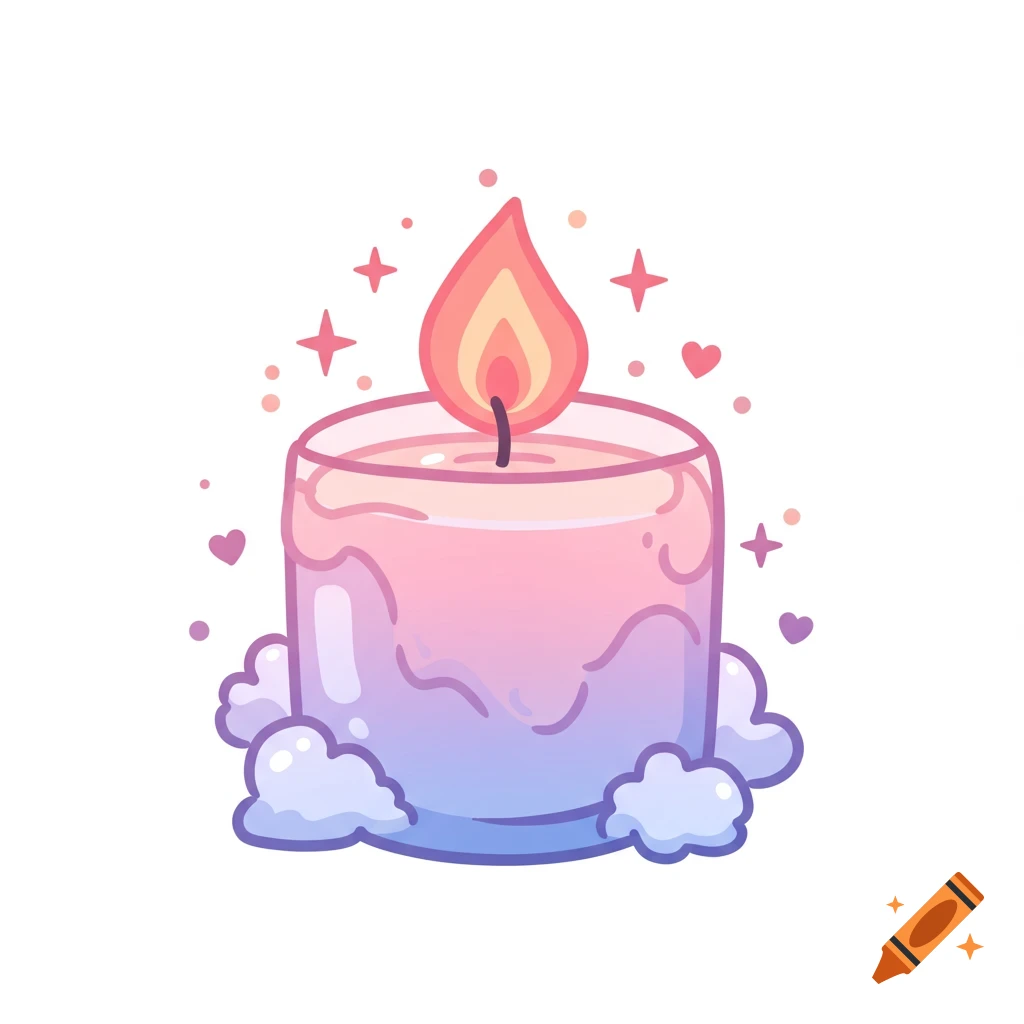 Cute cartoon pastel gradient candle with clouds, hearts, and sparkles ...
