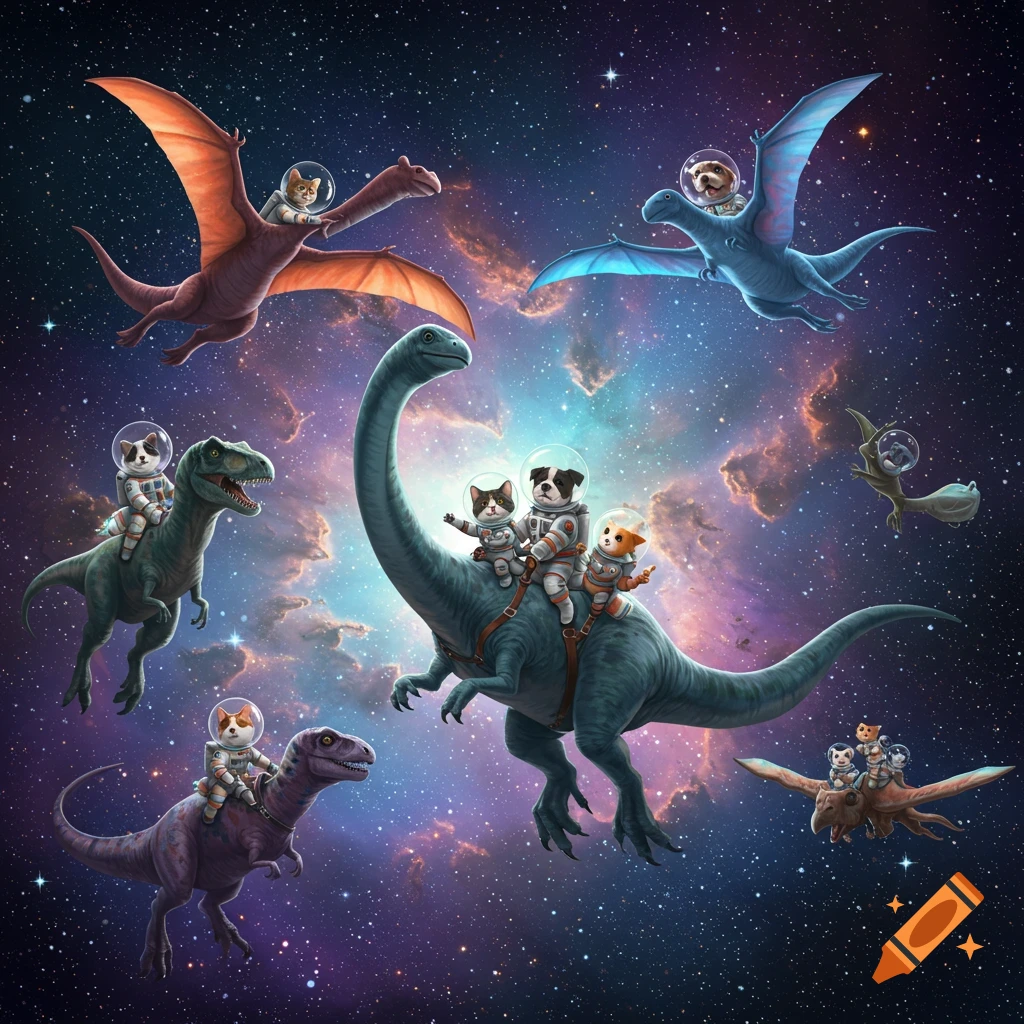 Cartoon cats and dogs wearing helmets riding dinosaurs in space. on Craiyon