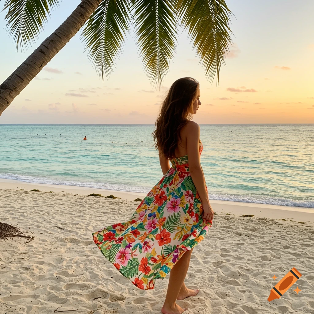 Woman on beach in swimsuit and sunglasses on Craiyon