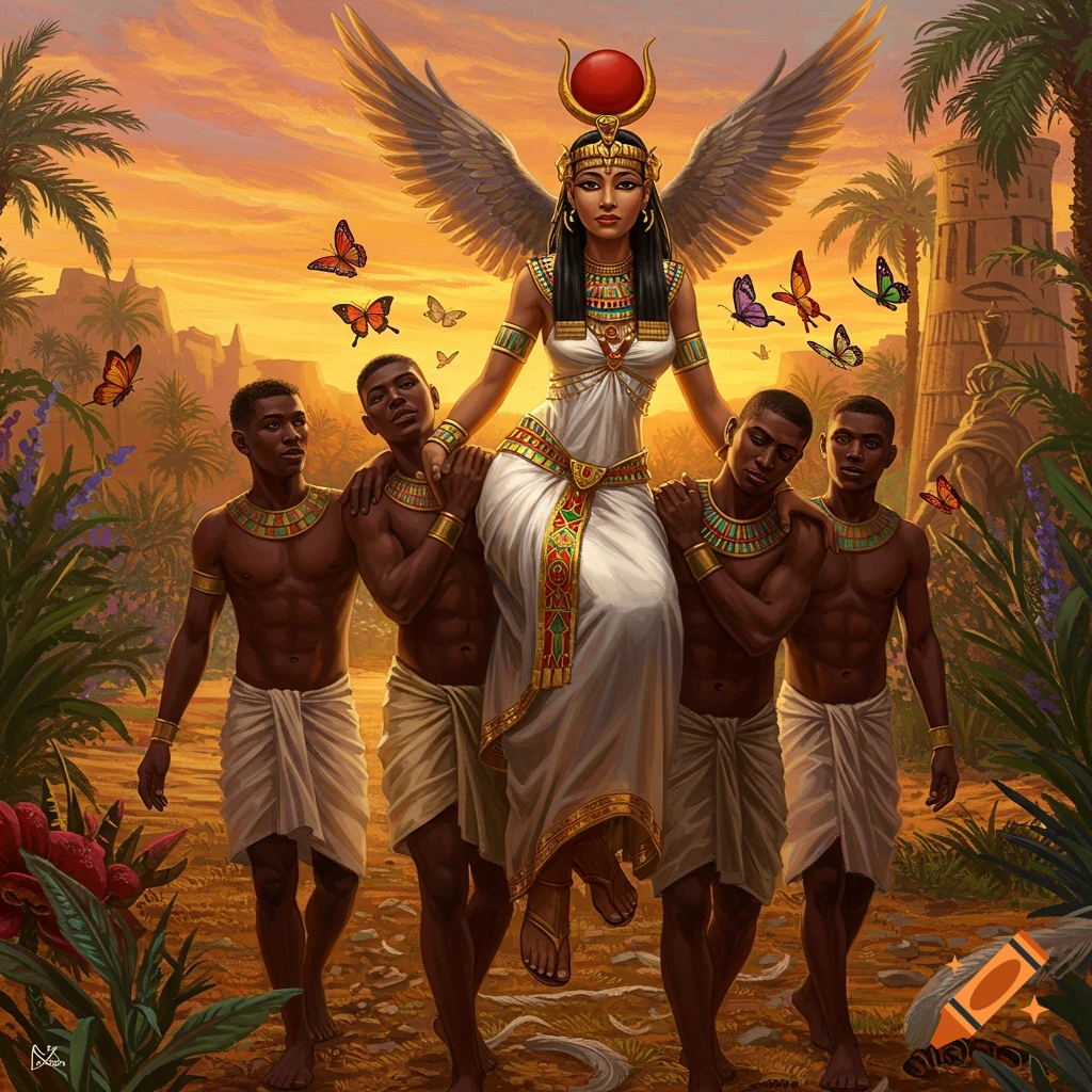 Painting of winged Egyptian goddess carried by men through oasis at sunset with butterflies. on ...
