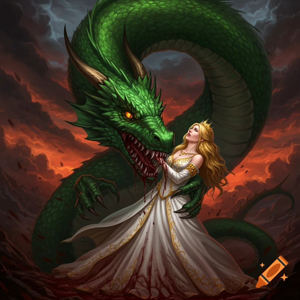 Fantasy illustration of a green dragon holding a princess with blood on ...
