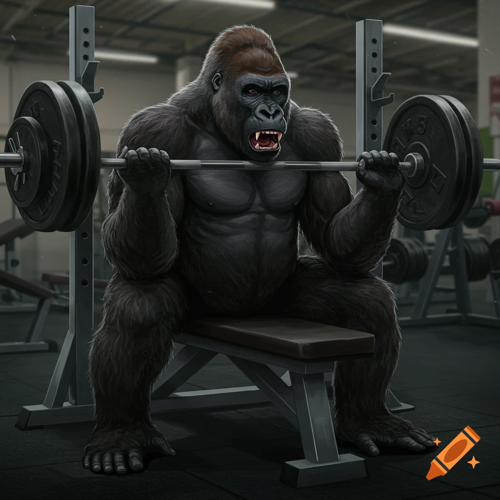 A large gorilla bench pressing a heavy barbell in a gym. on Craiyon