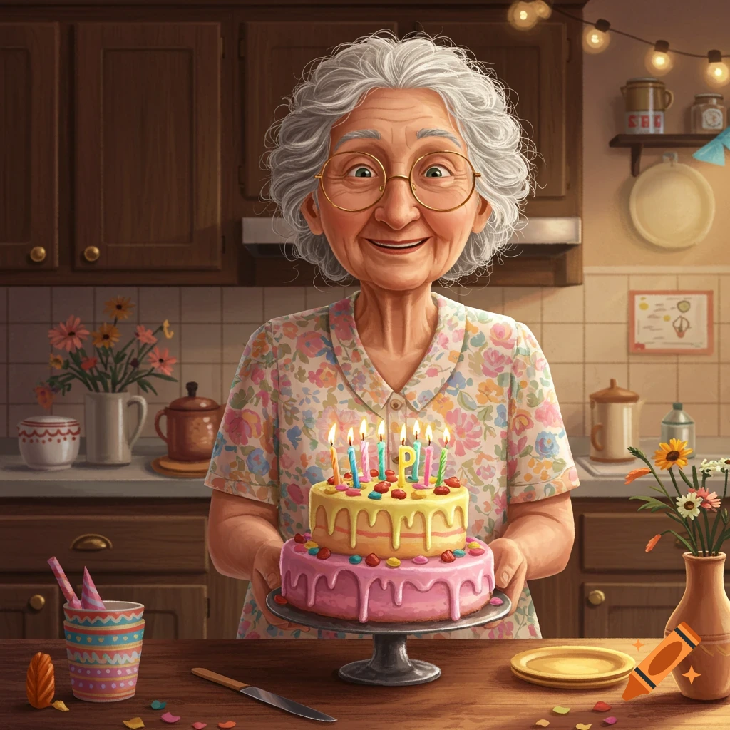 Grandmother with birthday cake on Craiyon