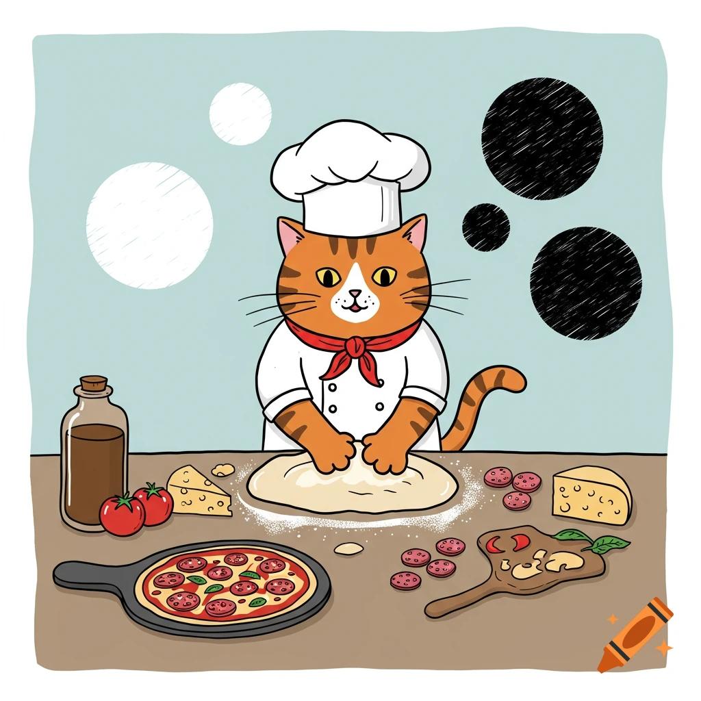 A cartoon orange tabby cat wearing a chef hat makes pizza dough on a ...