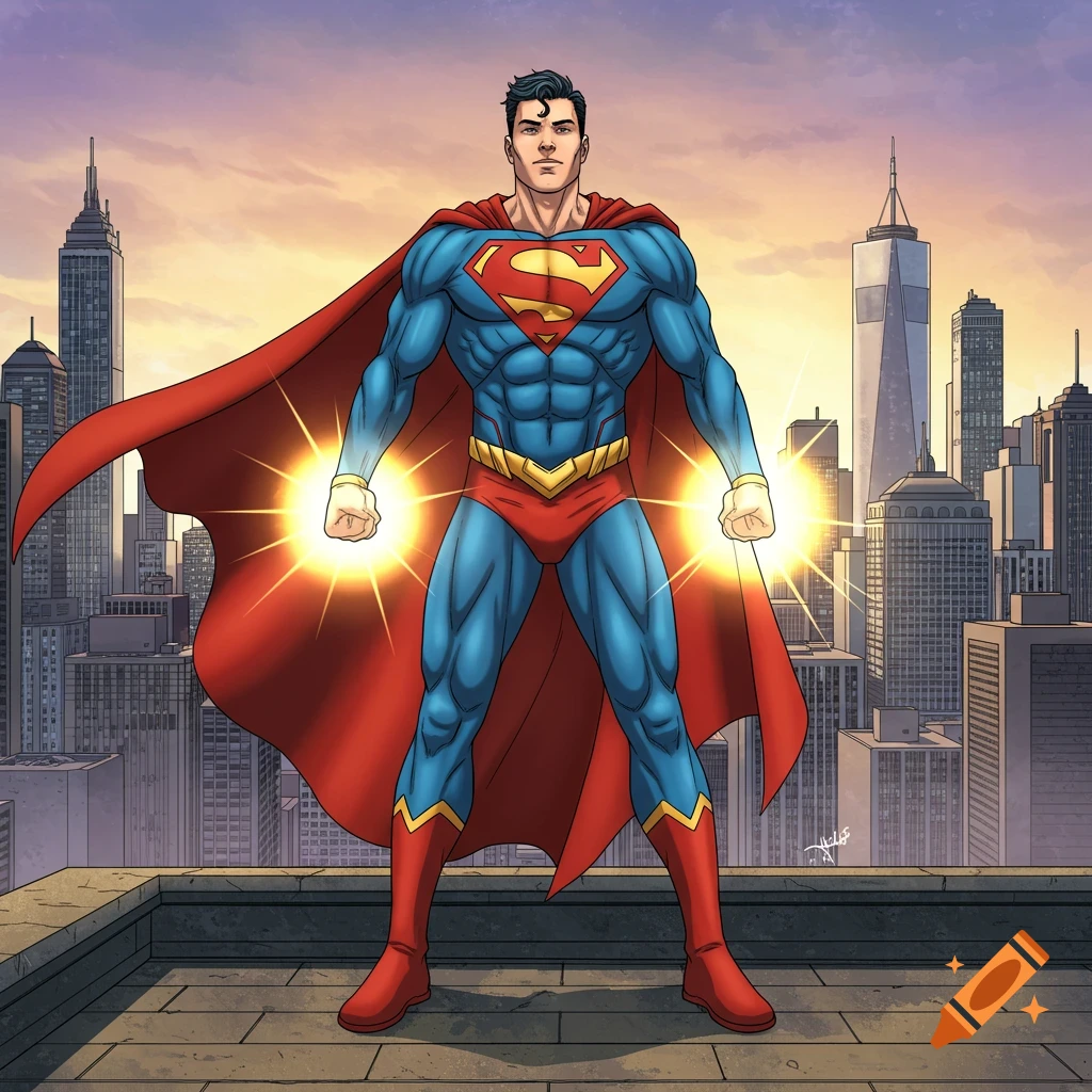 A male superhero in a blue and white suit with a cape and glowing eyes ...