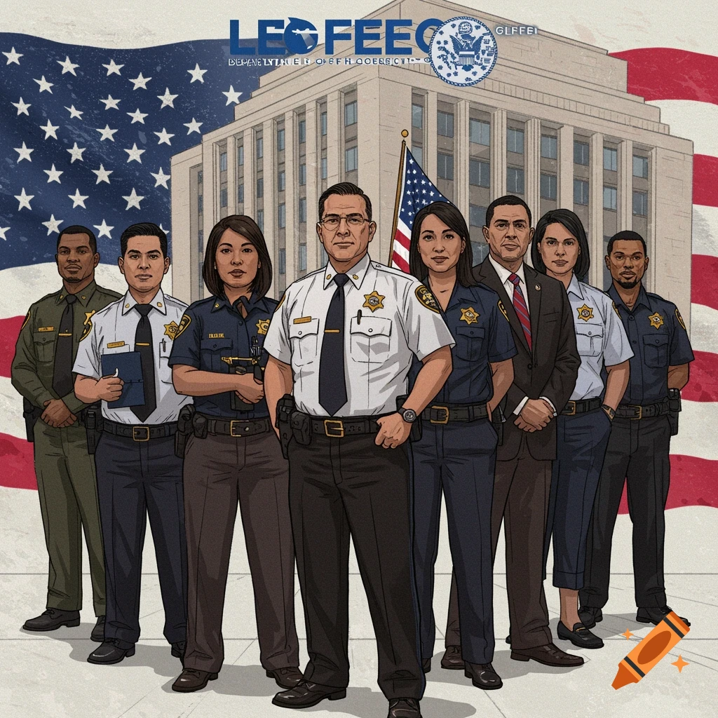 Illustration of diverse law enforcement officers in front of a US flag ...