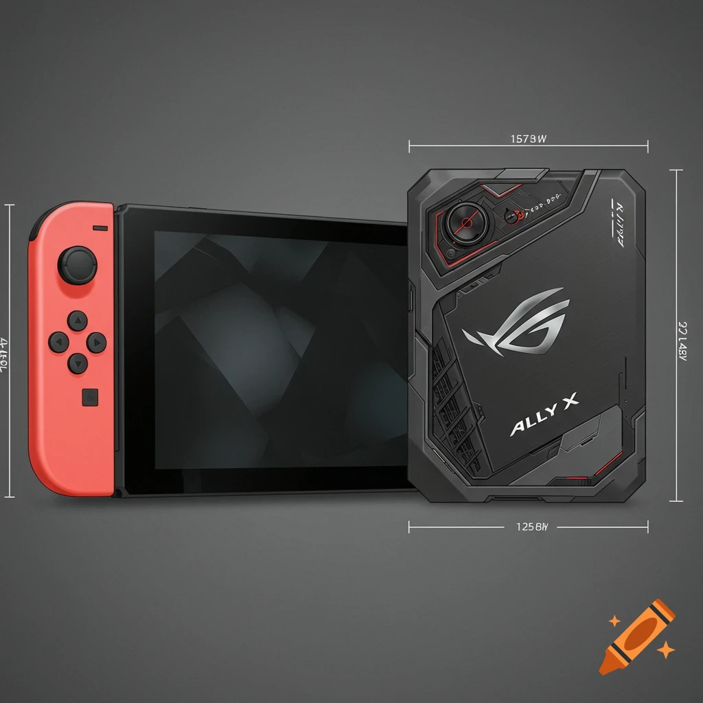 Comparison of Switch 2 and ROG Ally X sizes on Craiyon