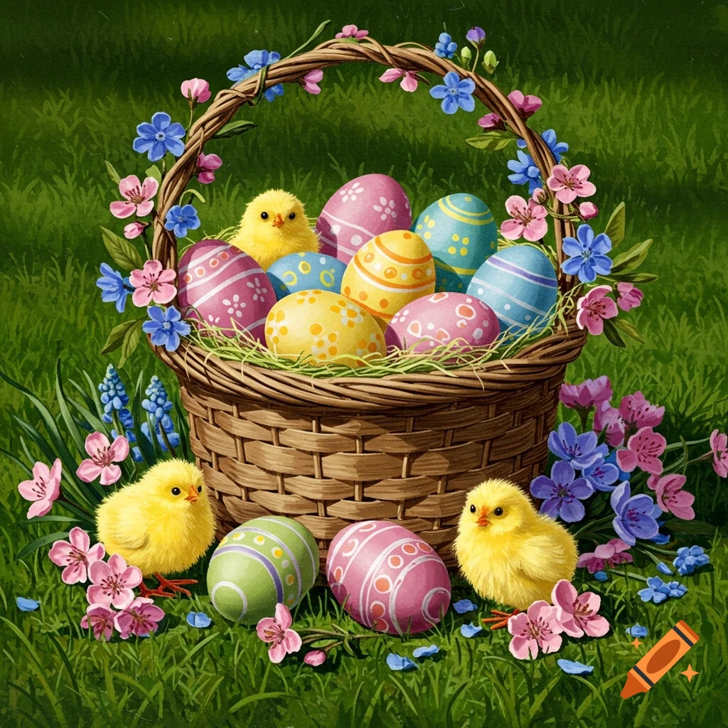 An Easter basket filled with colorful eggs and chicks, surrounded by more eggs and flowers on ...