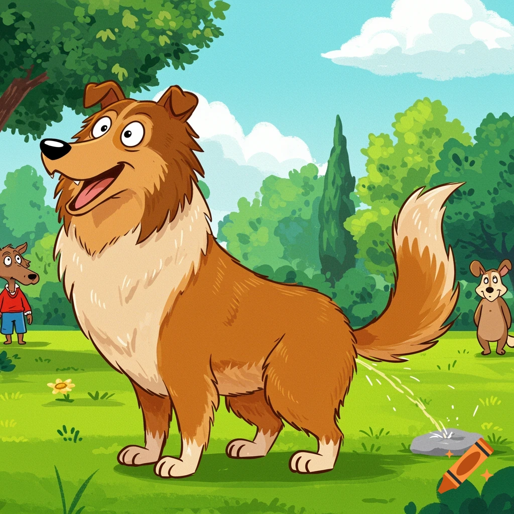 Cartoon collie dog peeing on a rock in a grassy park on Craiyon