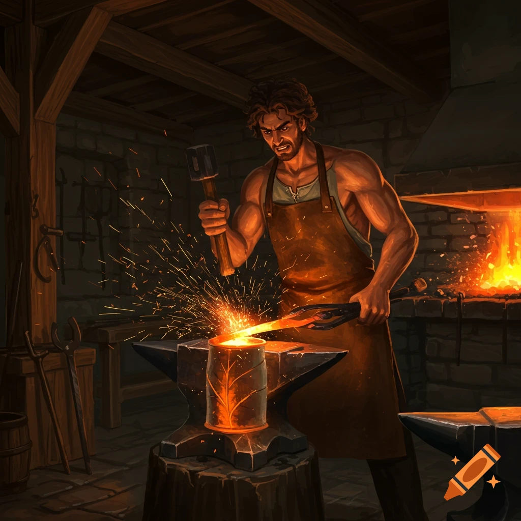 A blacksmith hammers glowing metal on an anvil in a forge, creating sparks. Illustrated style ...