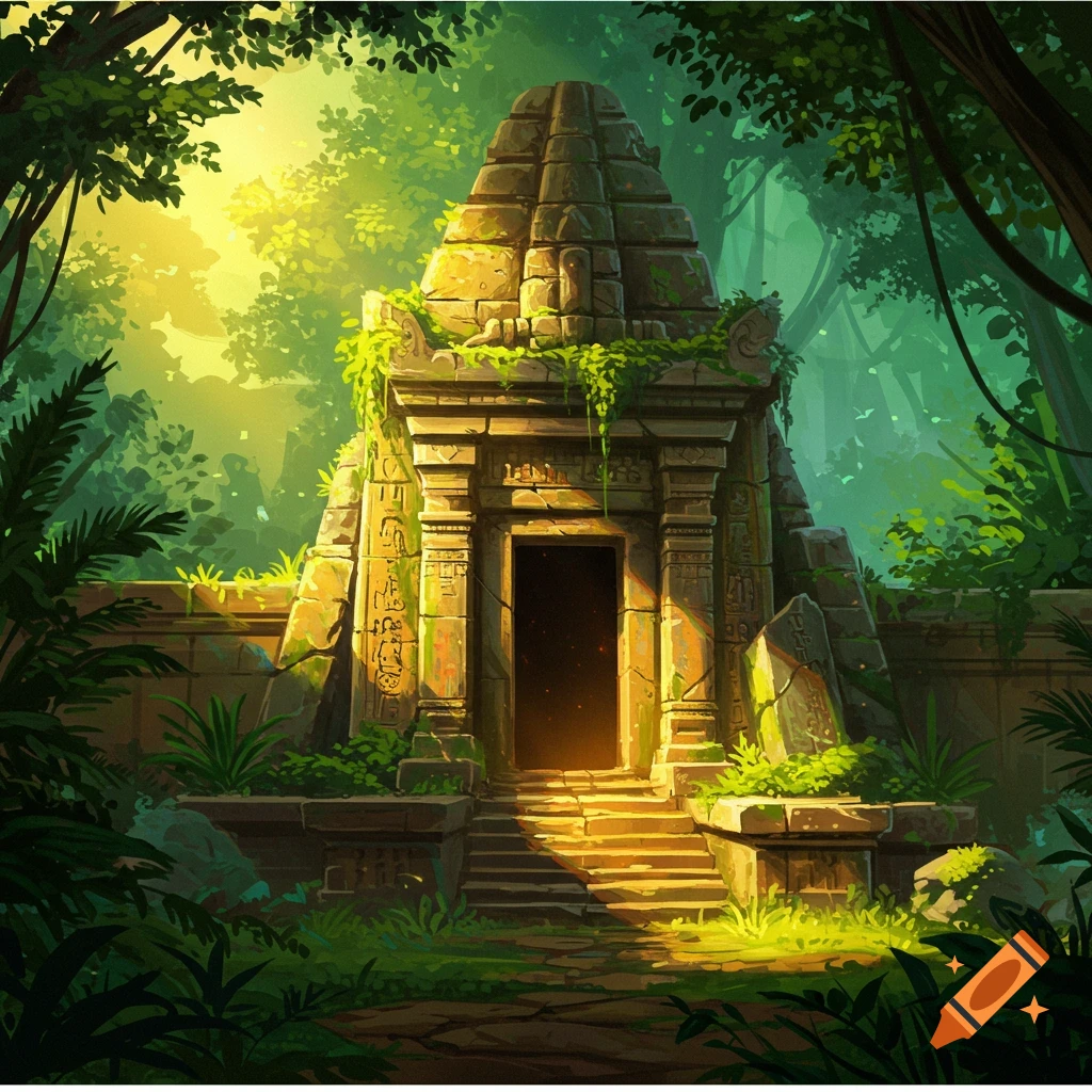 Ancient stone temple entrance overgrown with vines in a sunlit jungle. on Craiyon