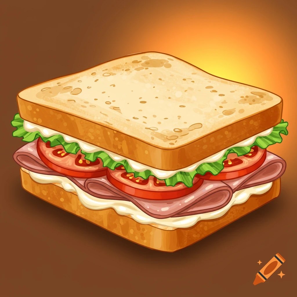 A stylized illustration of a peanut butter and mustard sandwich on Craiyon