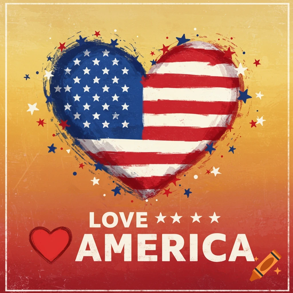 An illustration of a heart-shaped American flag with the text "LOVE ...