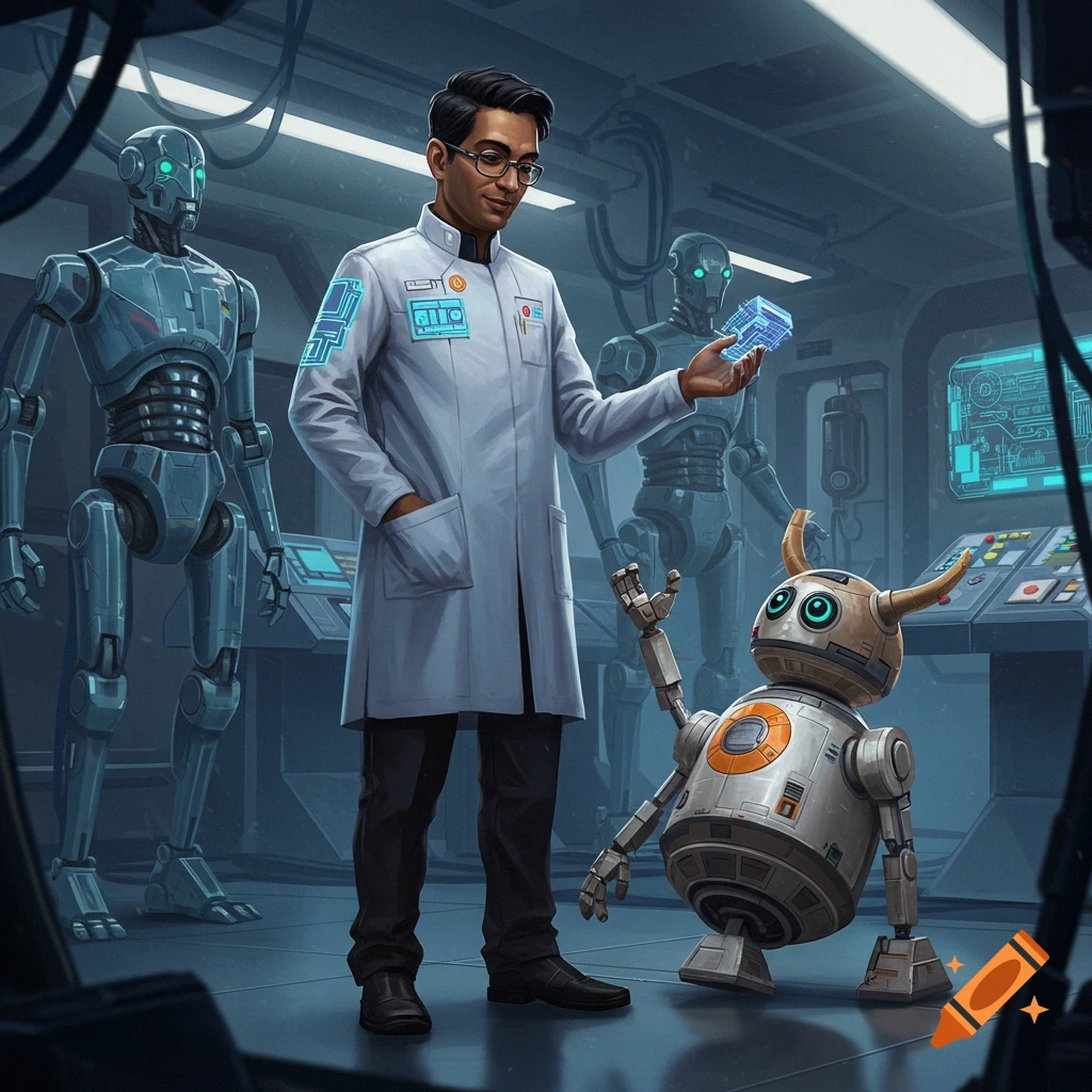 Machine working in science lab next to human on Craiyon