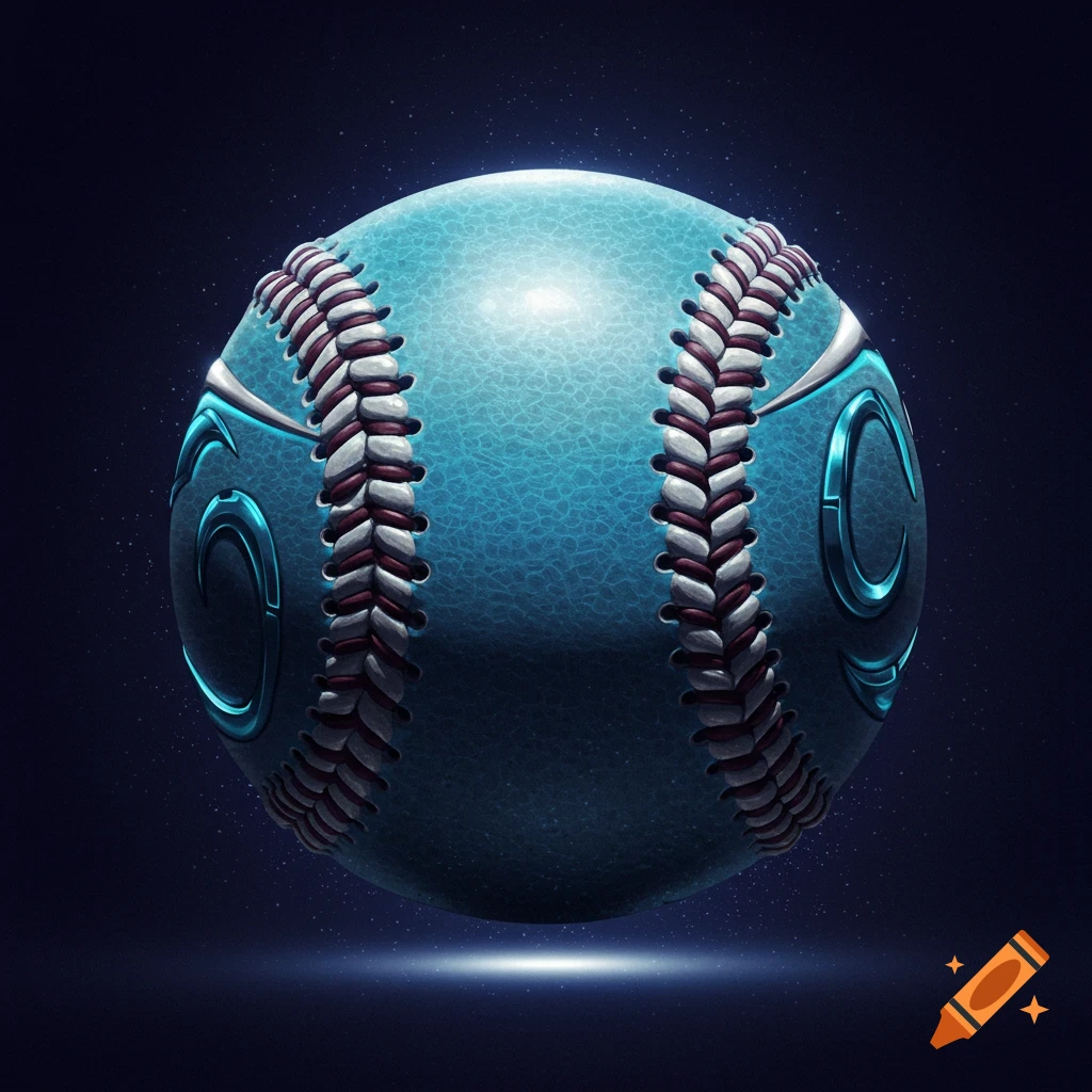 A stylized blue baseball with red stitching and glowing sci-fi symbols ...