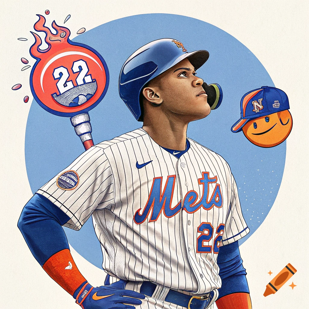 Illustration of a baseball player in a Mets uniform looking up, with a ...