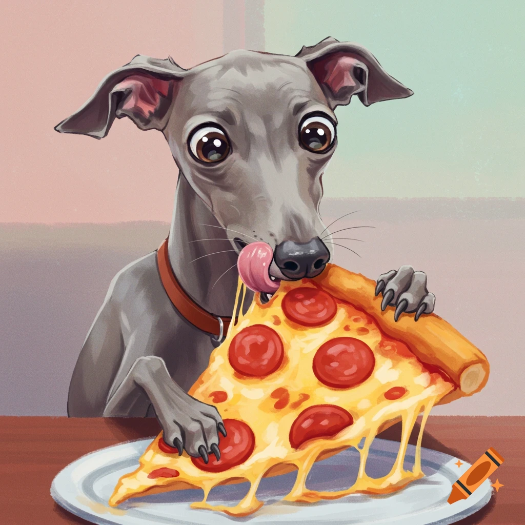 An Italian greyhound eating a slice of pepperoni pizza, cartoon ...