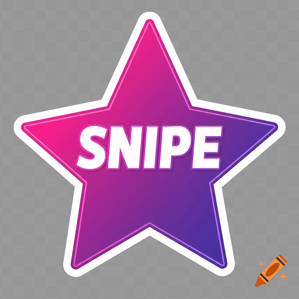 A star sticker with a pink and purple gradient and the word SNIPE in white letters. on Craiyon