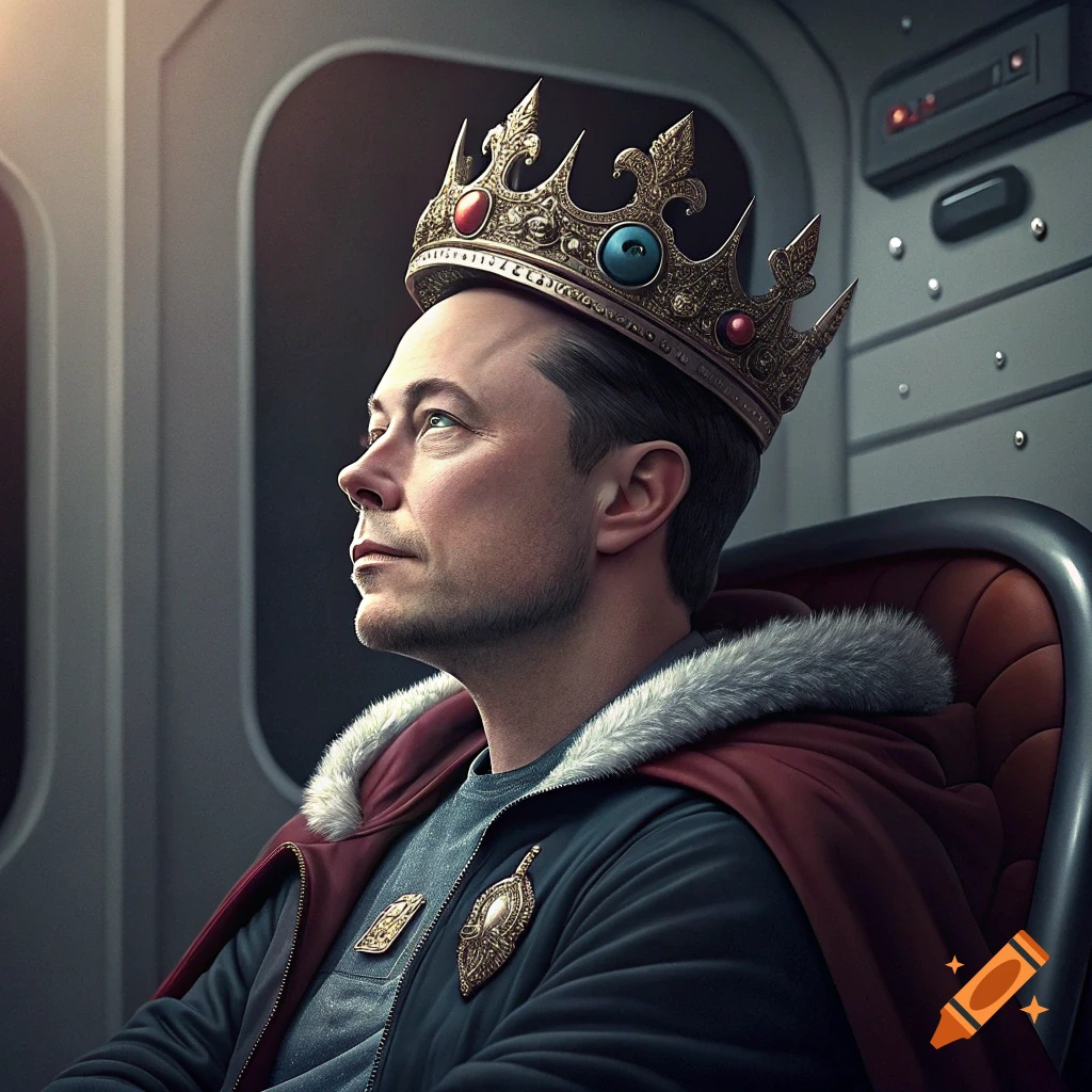 Portrait of Elon Musk wearing a crown and cape in a sci-fi setting. on ...