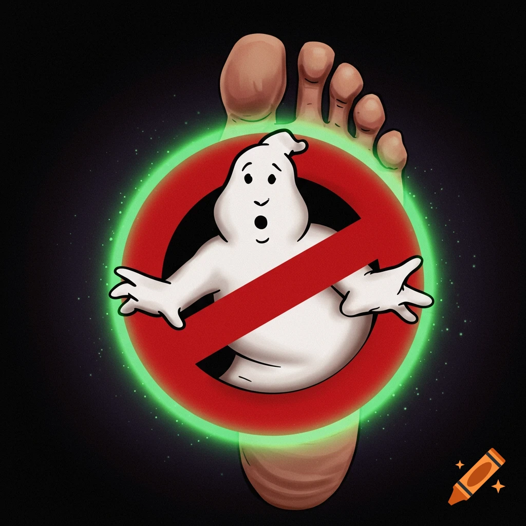 Stylized illustration of a Ghostbusters logo over a human foot with a ...